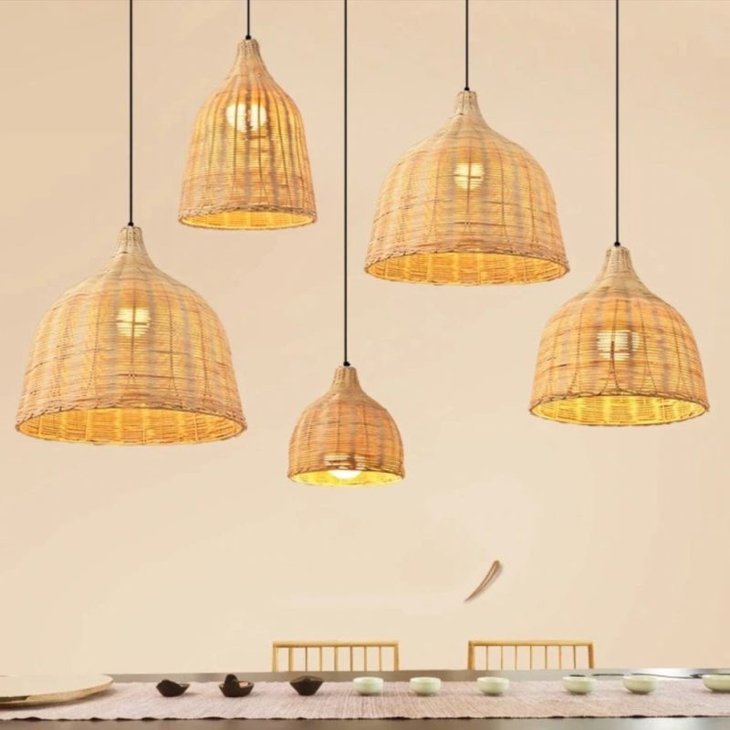 Rattan Basket Pendant Light Beige Black Kitchen Restaurant