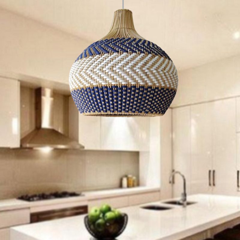 White Blue Rattan Pendant Light Fixtures Kitchen Hanging Lamp