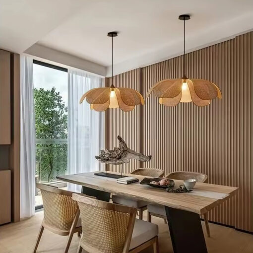 Rattan Flower Pendant Light – Woven Petal Ceiling Lamp for Dining Room