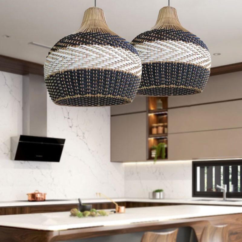 White and Black Rattan Light Pendant Light Rustic Style