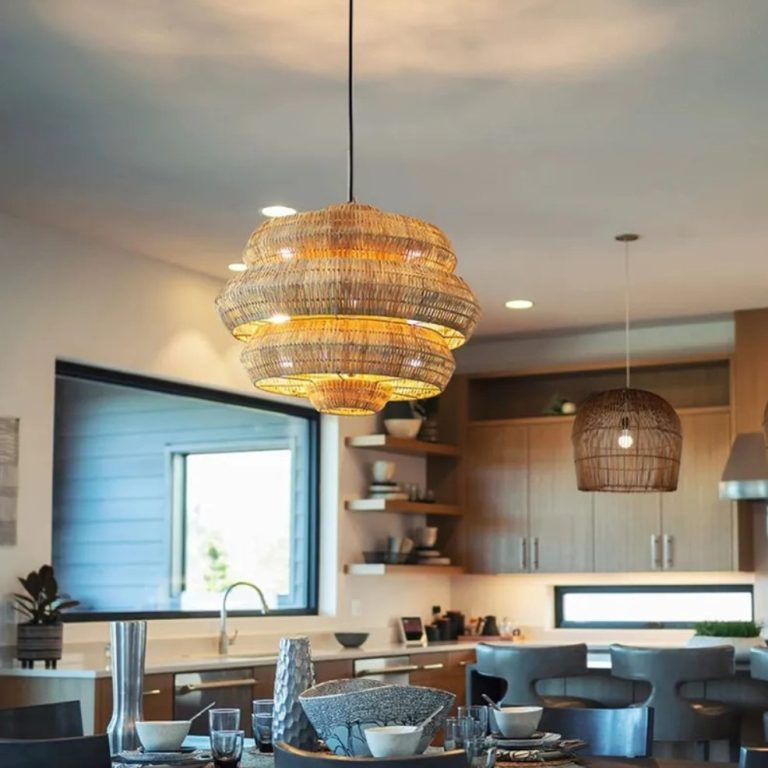 Retro Large Rattan Chandelier Tiered Rattan Pendant Light Fixture