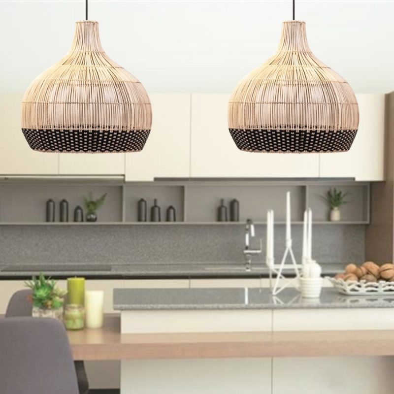 Woven Bottom Black Rattan Lamp, Wicker Pendant Light Hanging