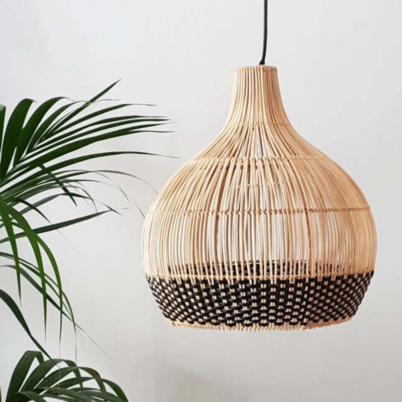 Woven Bottom Black Rattan Lamp, Wicker Pendant Light Hanging