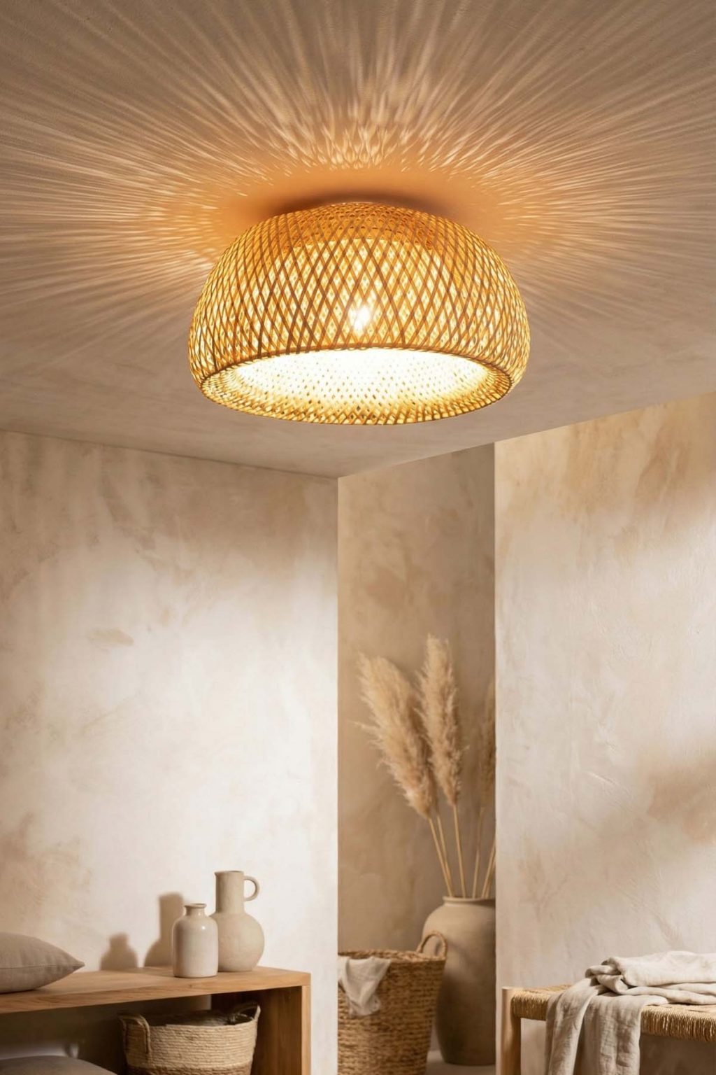 Minimalist Living Room Lighting Ideas with Woven Rattan Light
