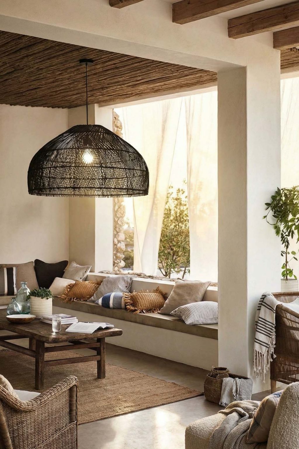 Rustic Living Room Ideas with Woven Rattan Pendant Lights